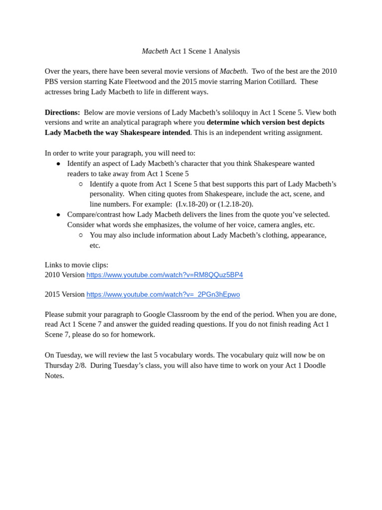 Macbeth 1.5 Movie Analysis Paragraph | PDF