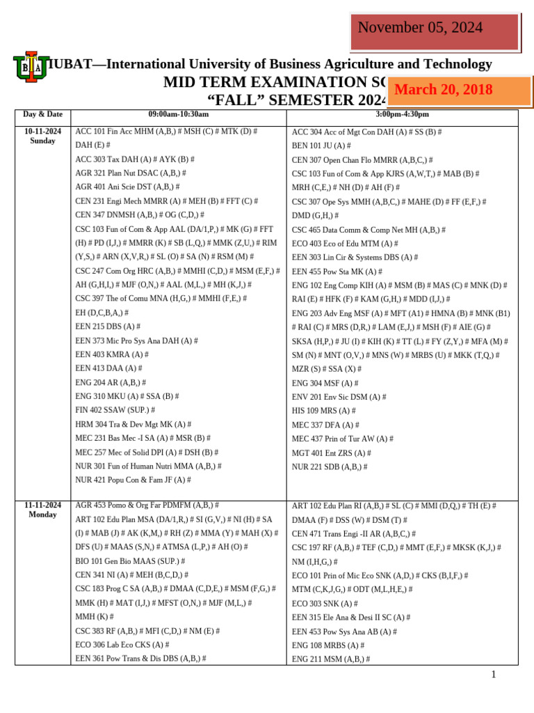 Fall 2024 Mid Term Examination Schedule 2 | PDF