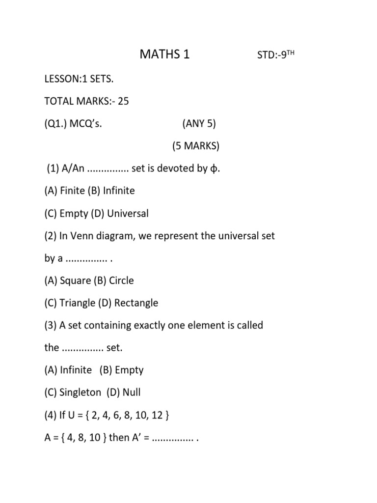MATHS 1 STD | PDF | Set (Mathematics) | Mathematics
