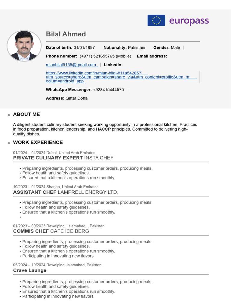 Bilal Ahmad Chef EUROPASS CV SAMPLE | PDF | Chef