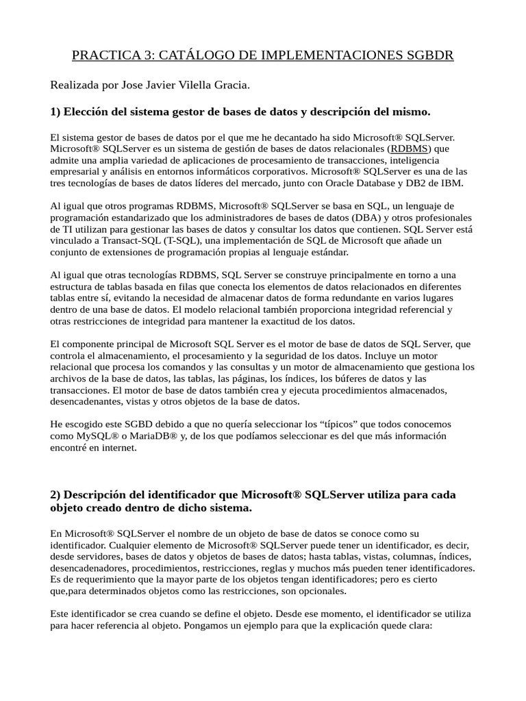 Practica3 VilellaGraciaJoseJavier | PDF | Servidor SQL de Microsoft | Bases de datos