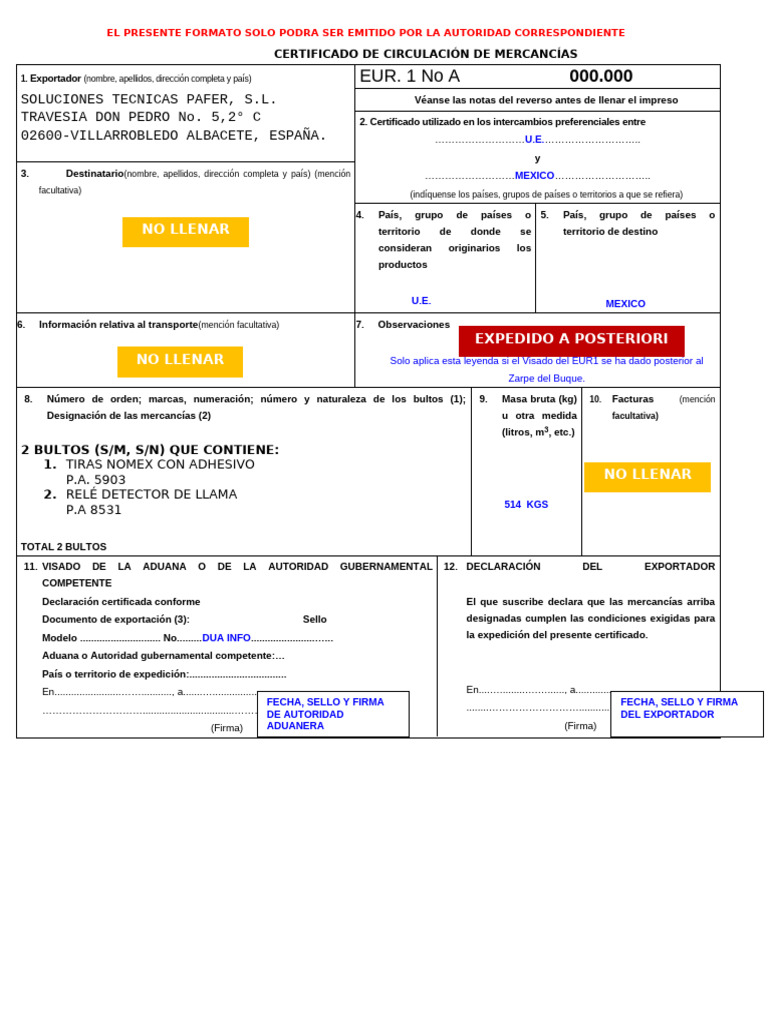 Formato Eur1 | PDF | aduana