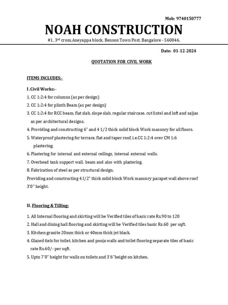 Noah construction quote | PDF | Door | Building Engineering
