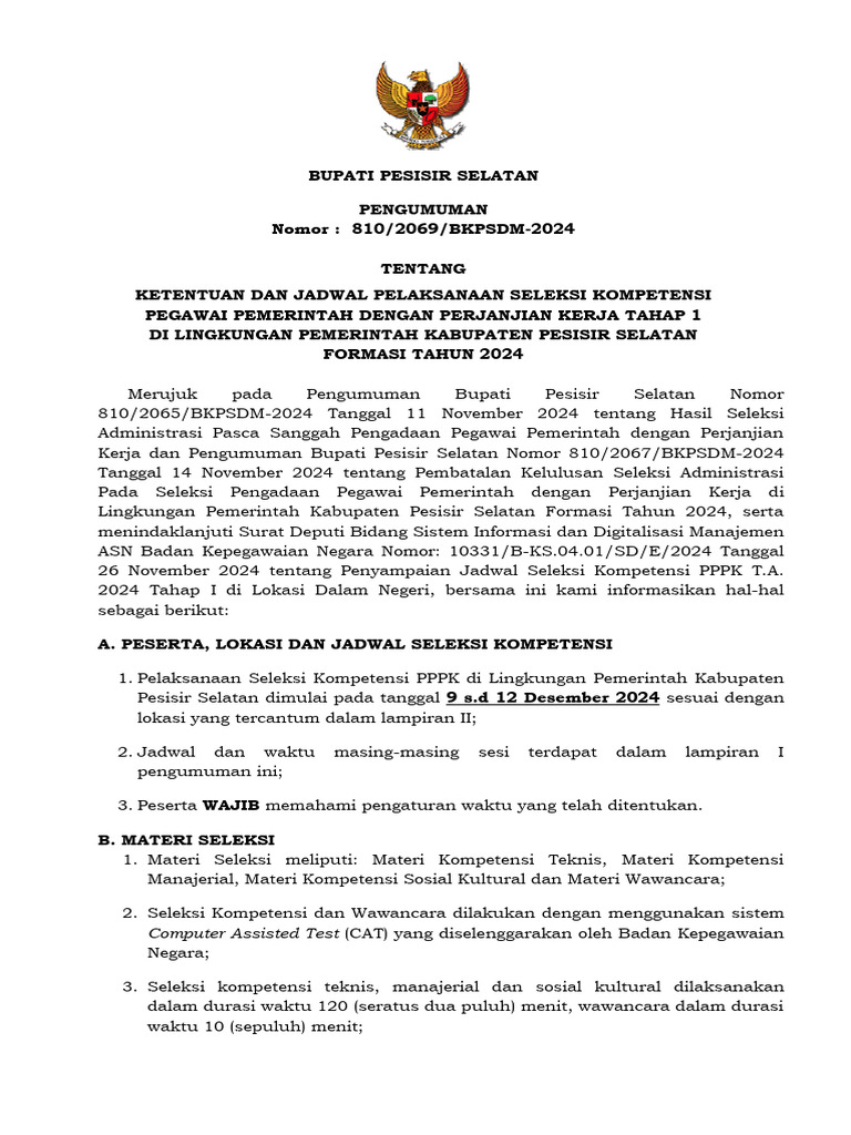 Pengumuman Jadwal Seleksi Kompetensi PPPK Tahap 1 Formasi Tahun 2024 | PDF