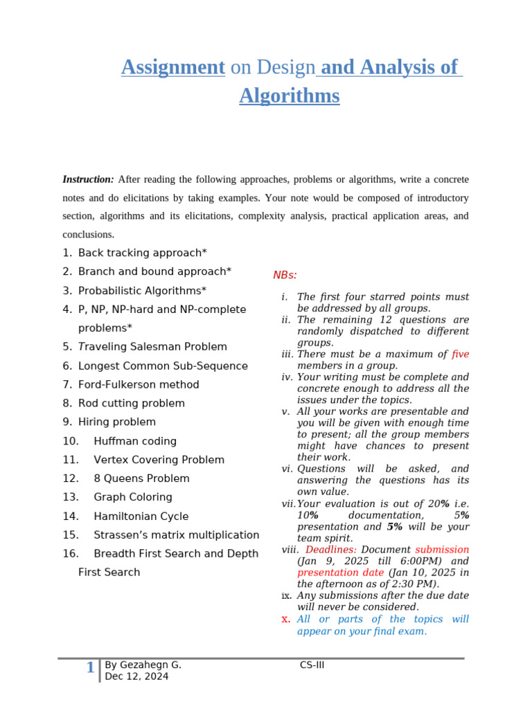 DAA_Assignment @20242025 | PDF | Computational Problems | Algorithms And Data Structures