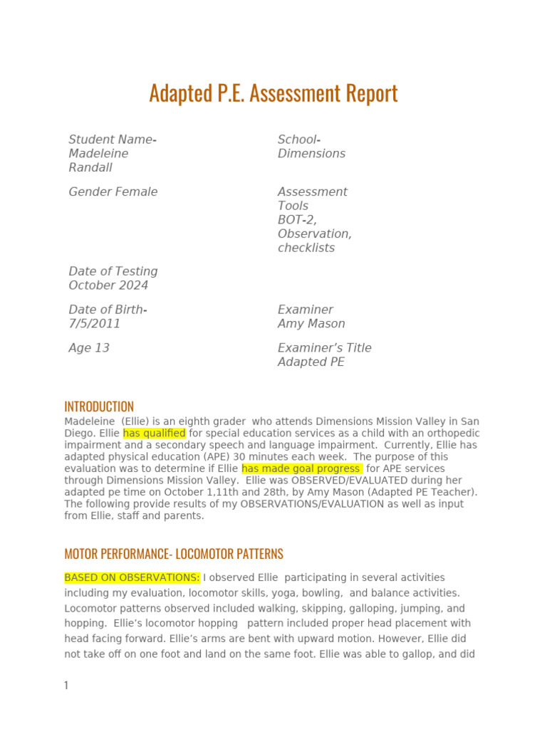 Adapted P.E. Assessment Report TEMPLATE | PDF | Physical Education