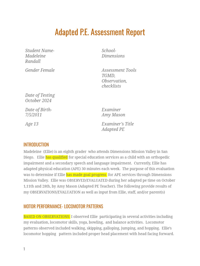 Adapted P.E. Assessment Report TEMPLATE | PDF | Physical Education