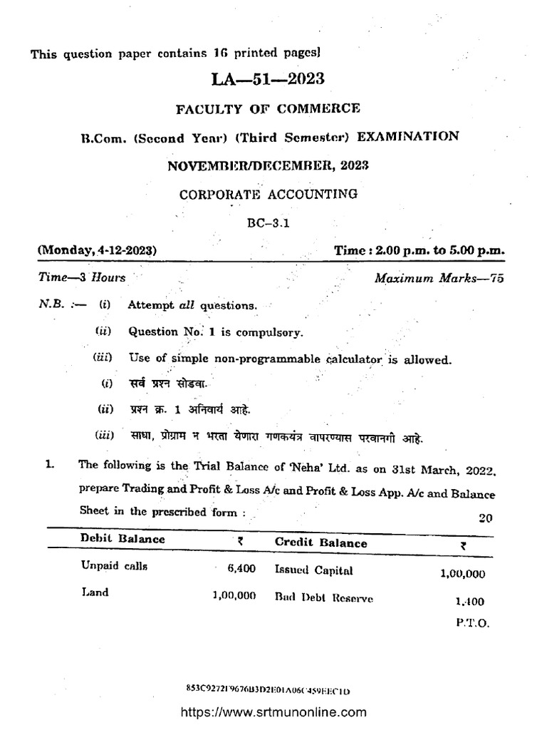 Bcom 3 Sem Corporate Accounting La 51 Dec 2023 | PDF