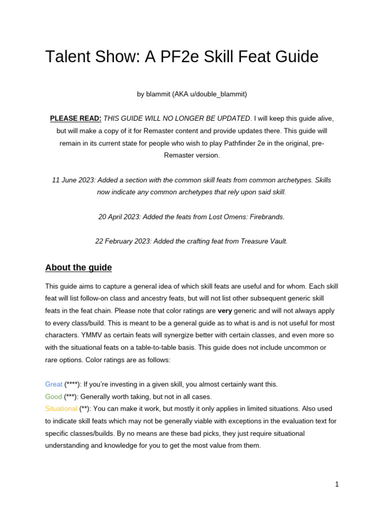 Talent Show - A PF2e Skill Feat Guide | PDF