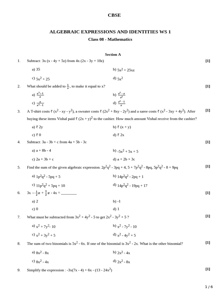 Algebraic Expressions and Identities WS 1 (Algebraic Expressions and Identities) | PDF ...