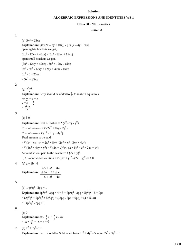 Algebraic Addition and Subtraction WS | PDF | Algebra | Mathematics