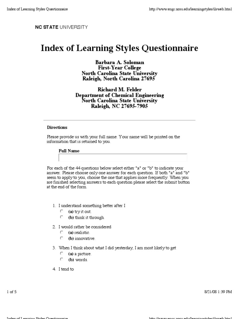 Index of Learning Styles Questionnaire | PDF | Learning Styles ...