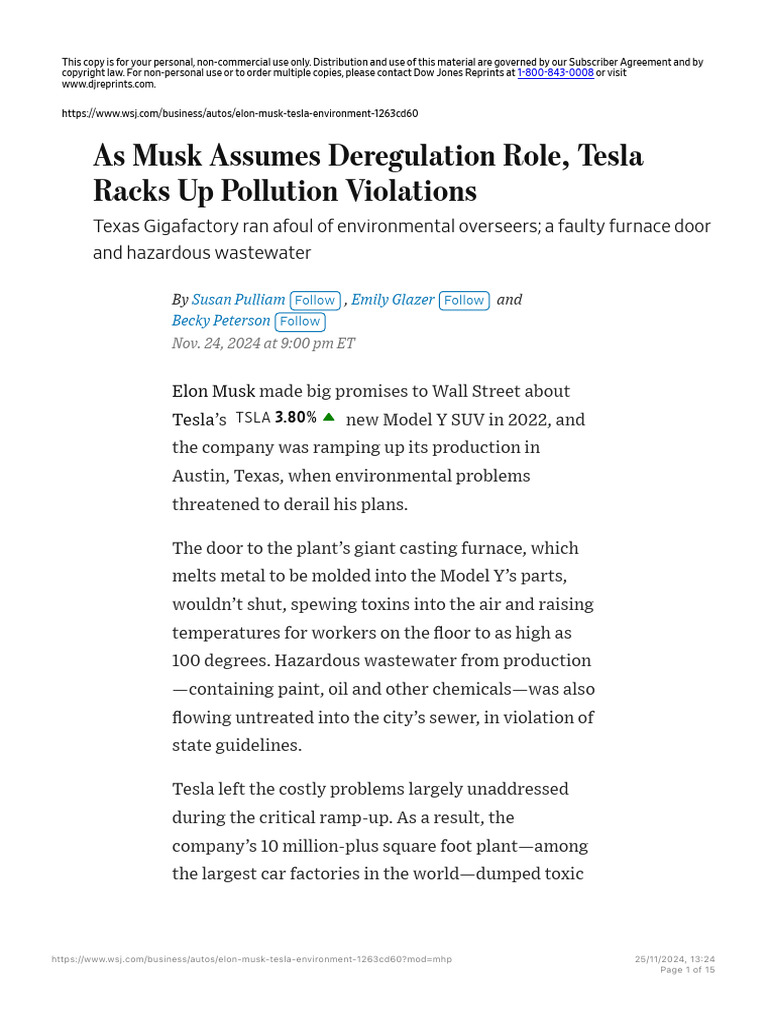 As Musk Assumes Deregulation Role, Tesla Racks Up Pollution Violations ...