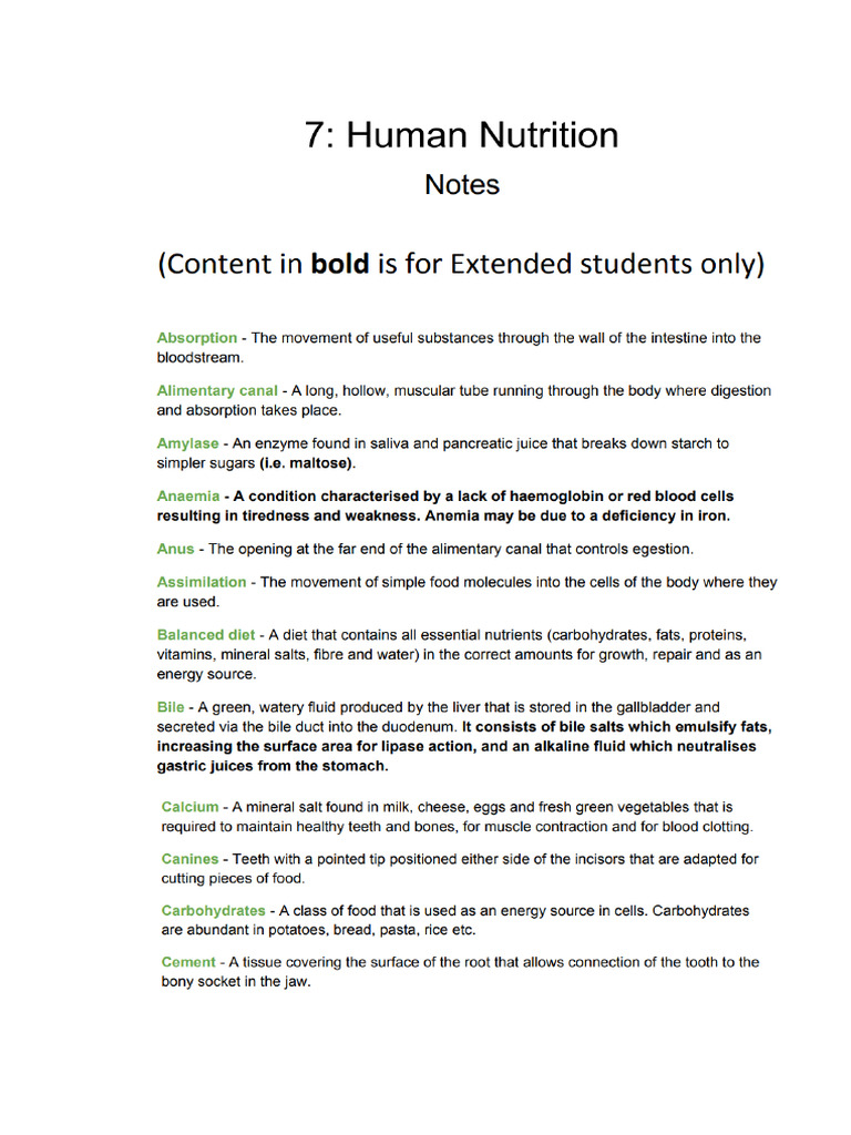 Ch 7 Human Nutrition Key Poins and Summary | PDF