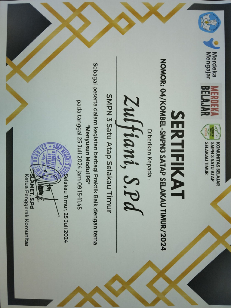 Sertifikat Praktik Baik Kombel Skul | PDF