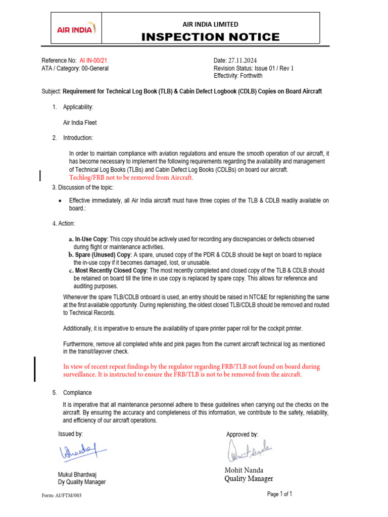 Air India Technical Log Requirements | PDF | Aviation Safety | Aviation