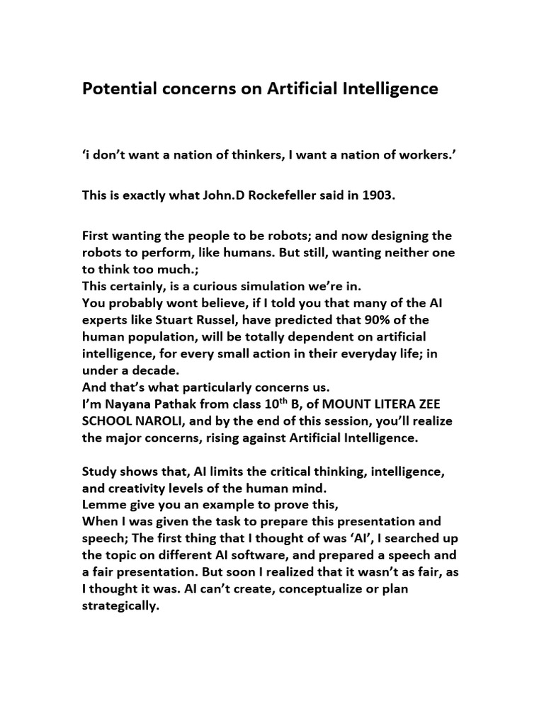 Potential Concerns On Artificial Intelligence | PDF | Artificial ...