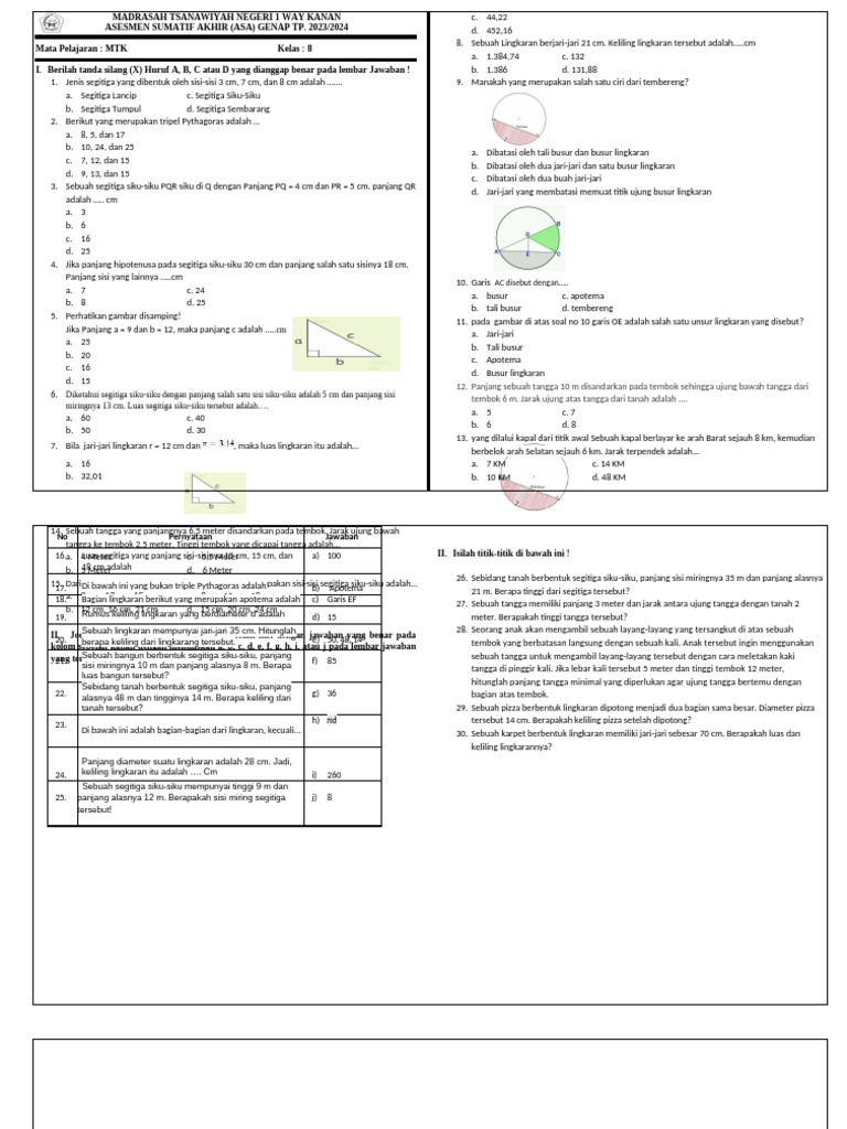 Soal Pts Mtk Kelas 8 Semseter Genap | PDF