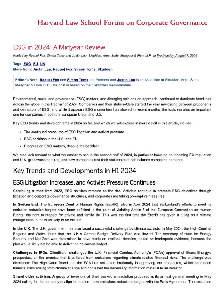 Harvard Key ESG Trends and Development in H1 2024 1733191869 | PDF
