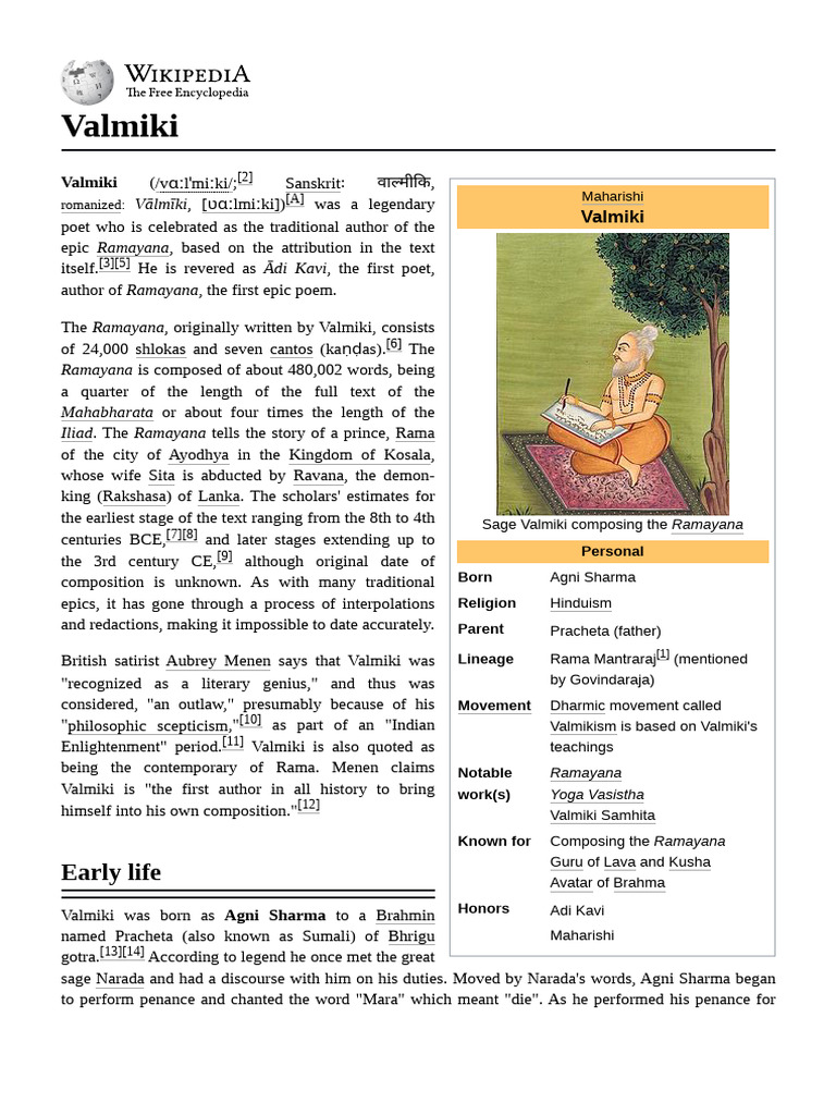 Valmiki | PDF | Ramayana | Hindu Mythology