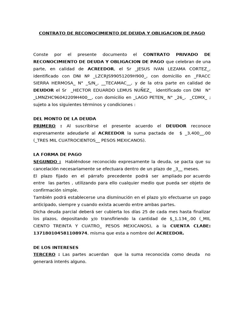 Formato Reconocimeinto de Deuda | PDF | Pagos | Derecho empresarial
