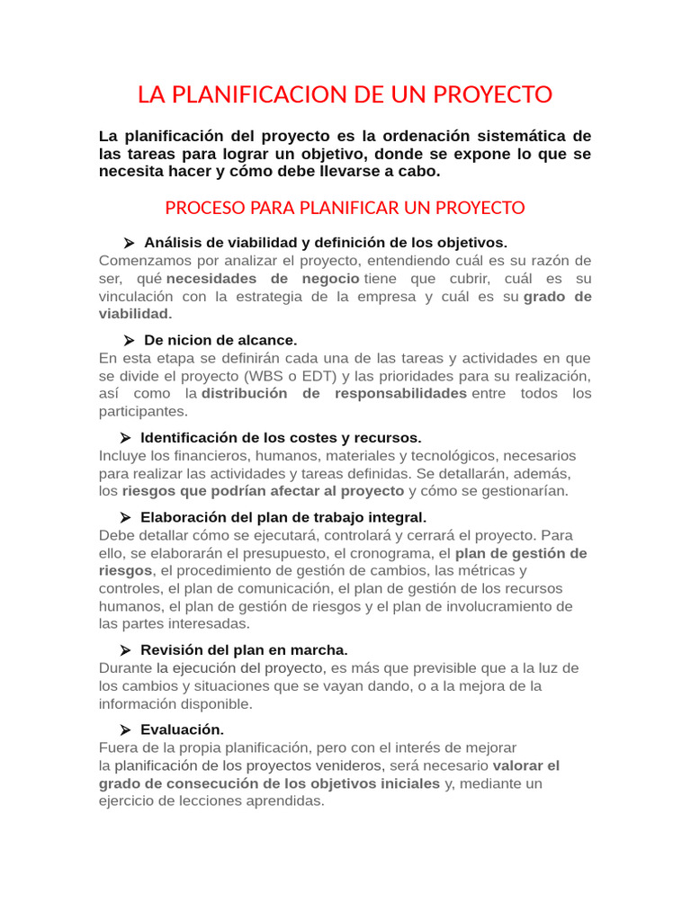 LA PLANIFICACION DE UN PROYECTO | PDF