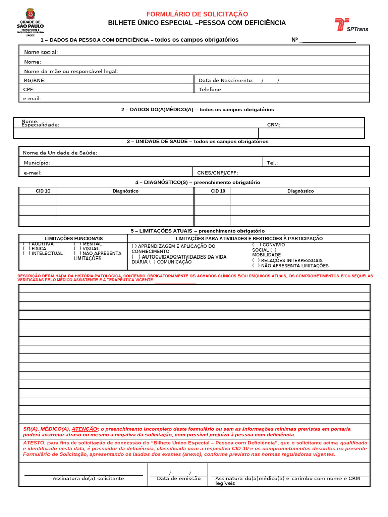 SPTRANS Formulario Bilhete ESPECIAL | PDF | Deficiência | Medicina Clínica