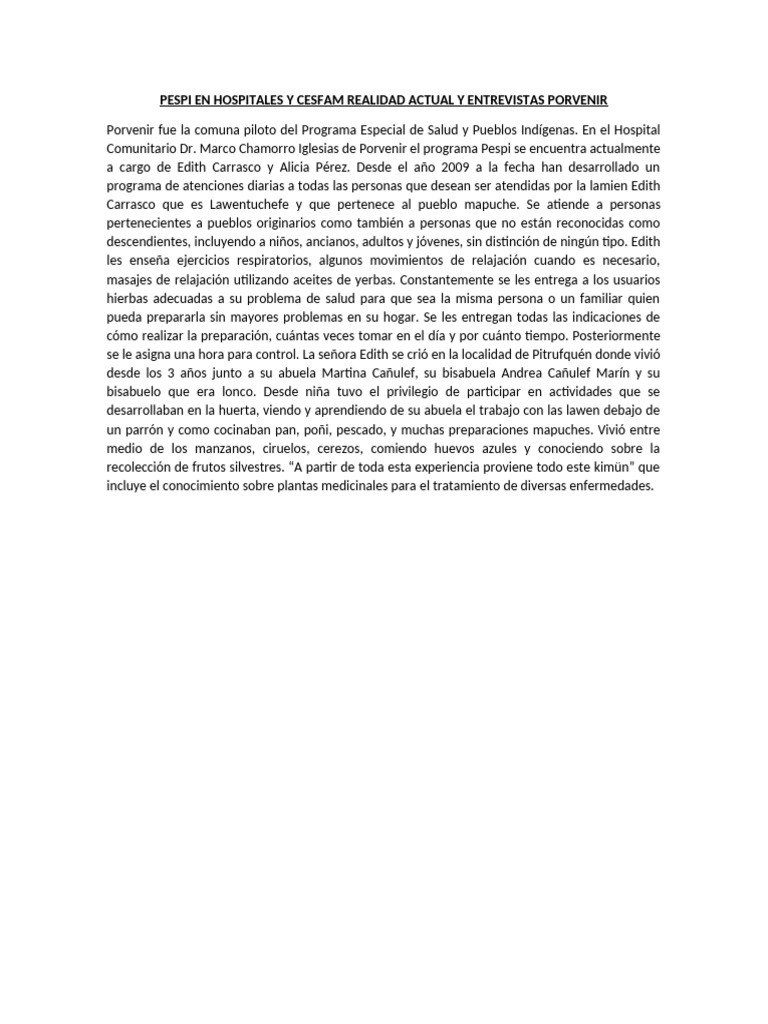 Pespi en Hospitales y Cesfam Realidad Actual y Entrevistas Porvenir | PDF