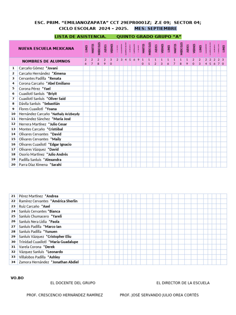 Registro de Asist 5°a 2024-2025 | PDF