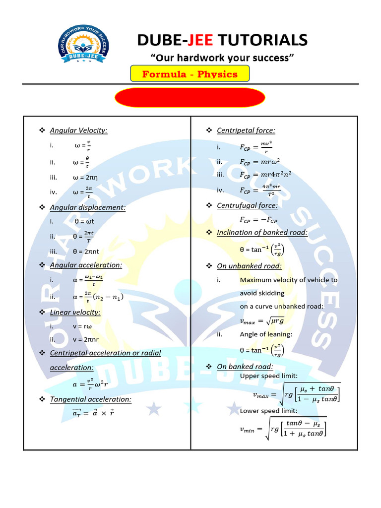 Dube JEE Formulae Physics 2be270e5 Bb8e 4fcc 86ca 241017 085459 | PDF | Angular Resolution ...