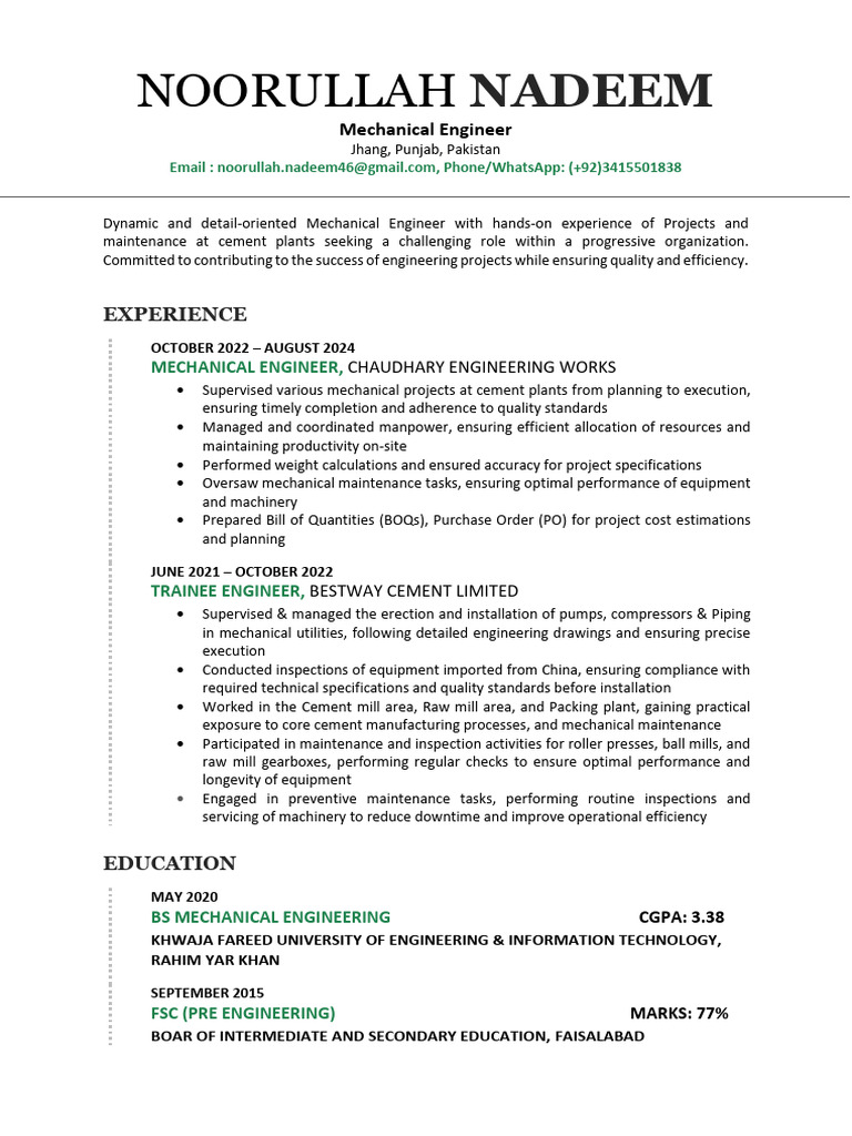 Noorullah Nadeem (Mechanical Engineer) CV | PDF | Engineering | Mechanical Engineering