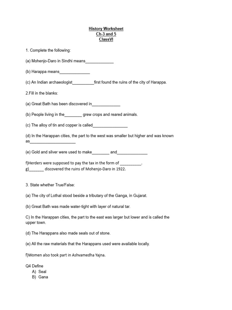History Worksheet: Harappan Civilization | PDF