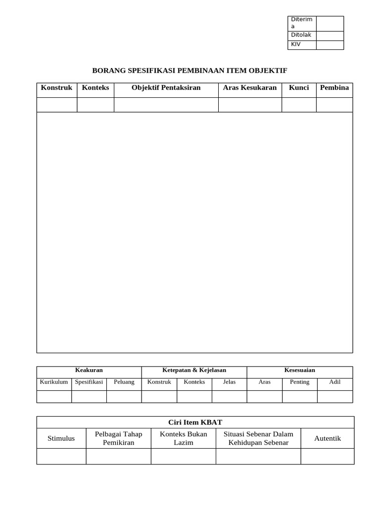 Templet Borang Spesifikasi Pembinaan Item Objektif | PDF