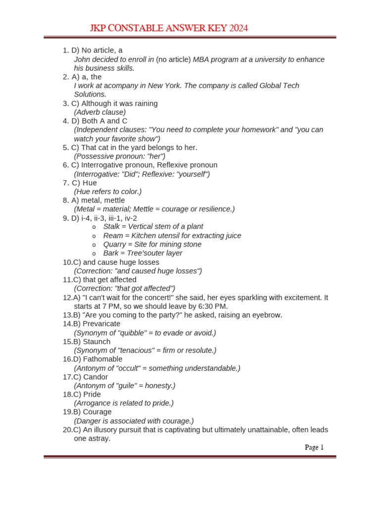 JKP Constable Answer Key 2024 | PDF