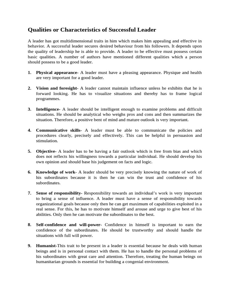Qualities or Characteristics of A Successful Leader | PDF | Leadership ...