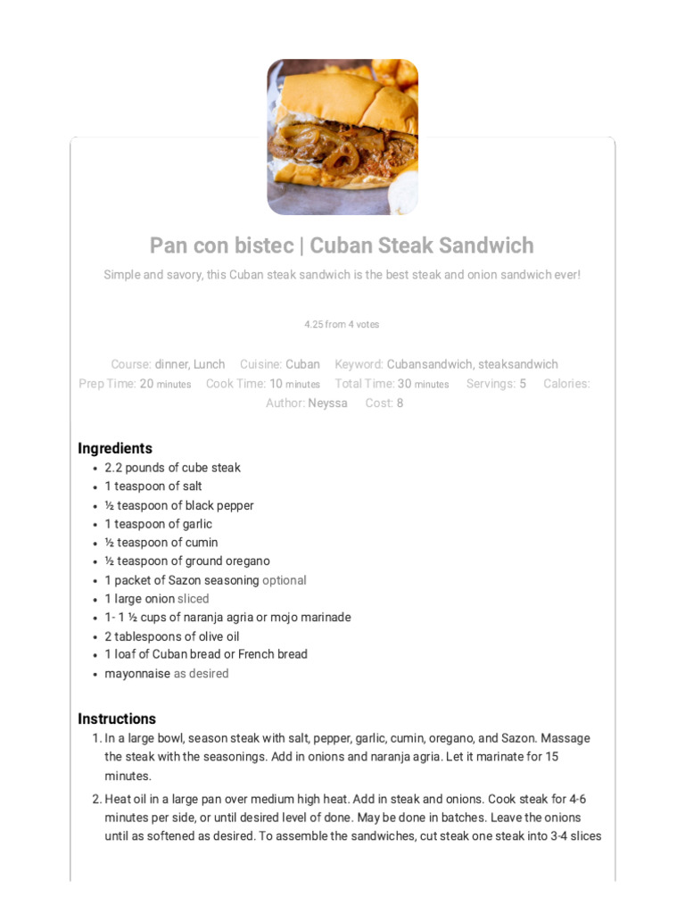 Pan Con Bistec - Cuban Steak Sandwich - Latina Mom Meals | PDF