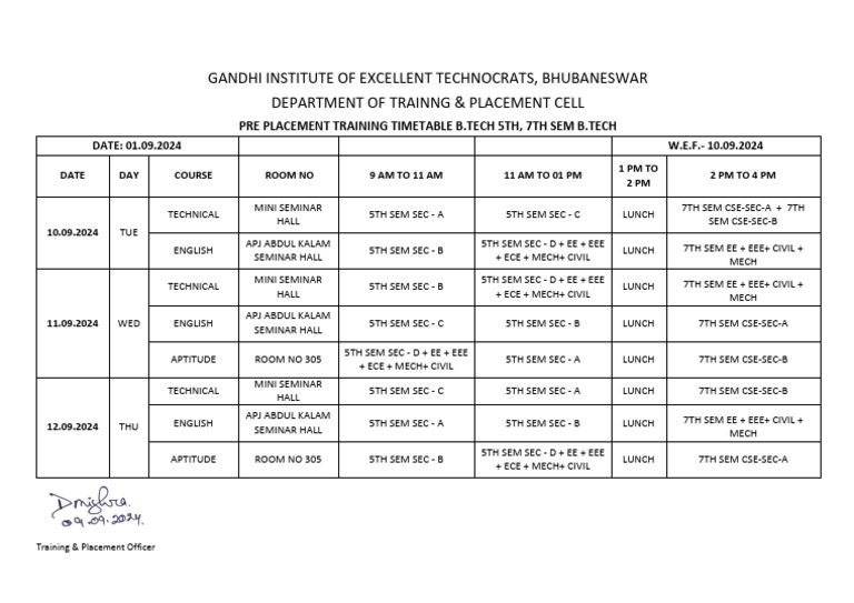 SPECIAL PRE PLACEMENT TRAINING TIMETABLE B.TECH 5TH, 7TH SEM, 3TH SEM MCA & MBA W.E.F. 10.09. ...