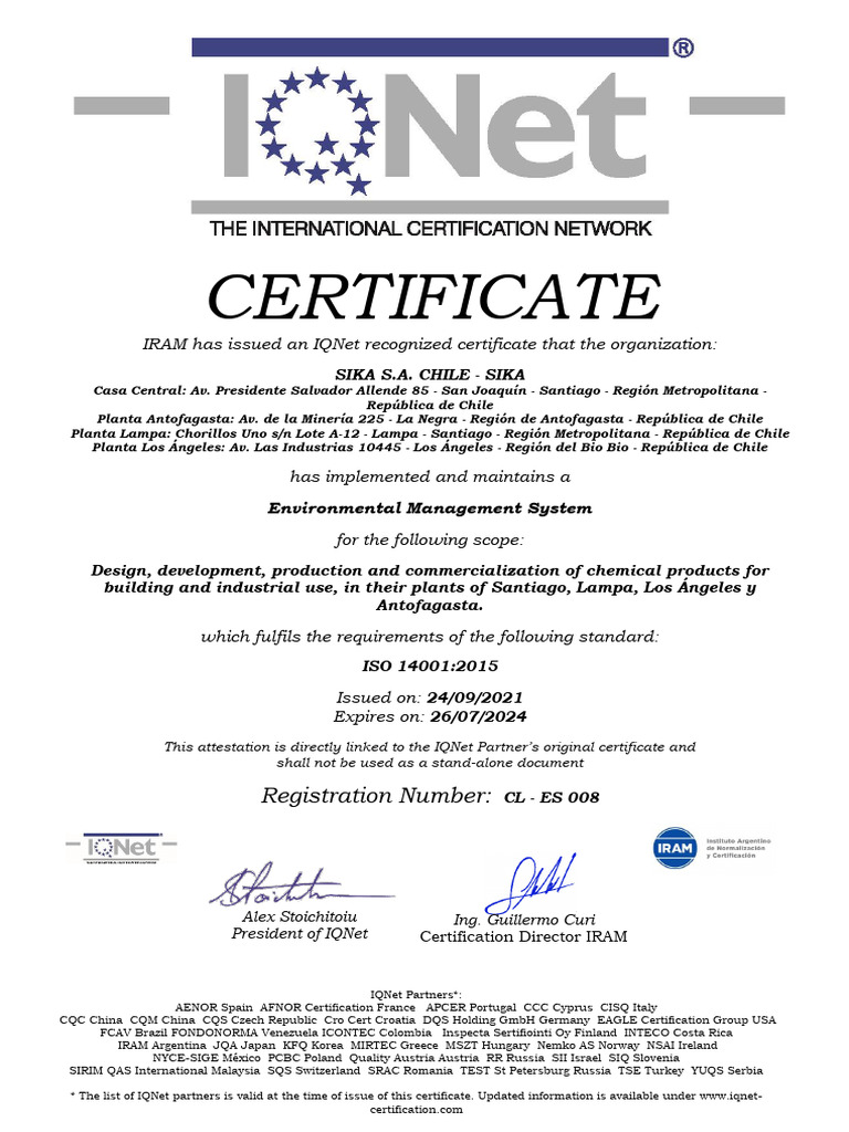 SIKA S.A. Chile ISO 14001 Certification | PDF