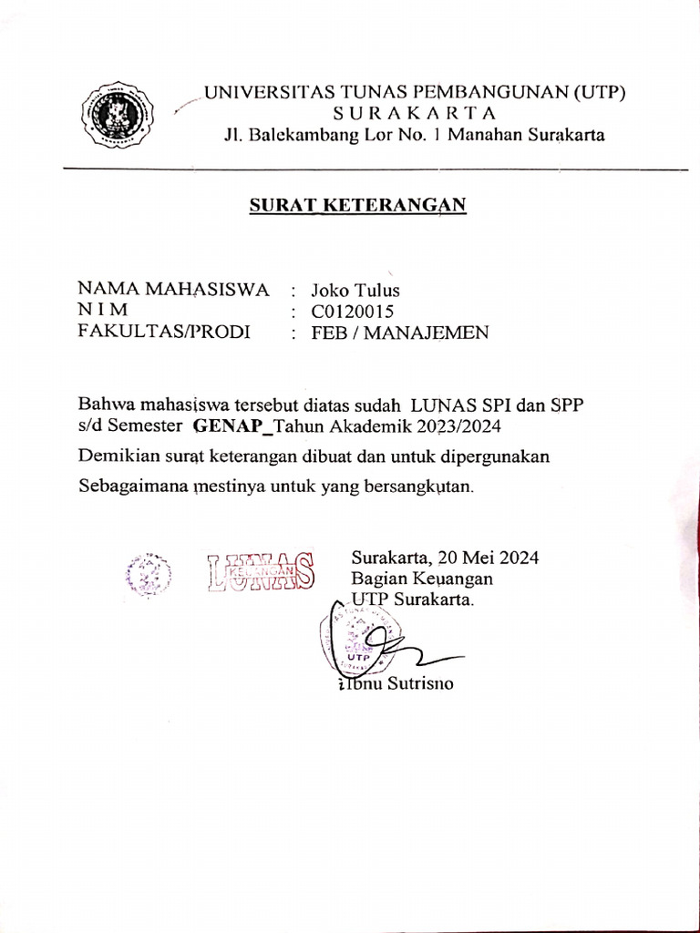 Surat Keterangan Lunas SPI SPP | PDF