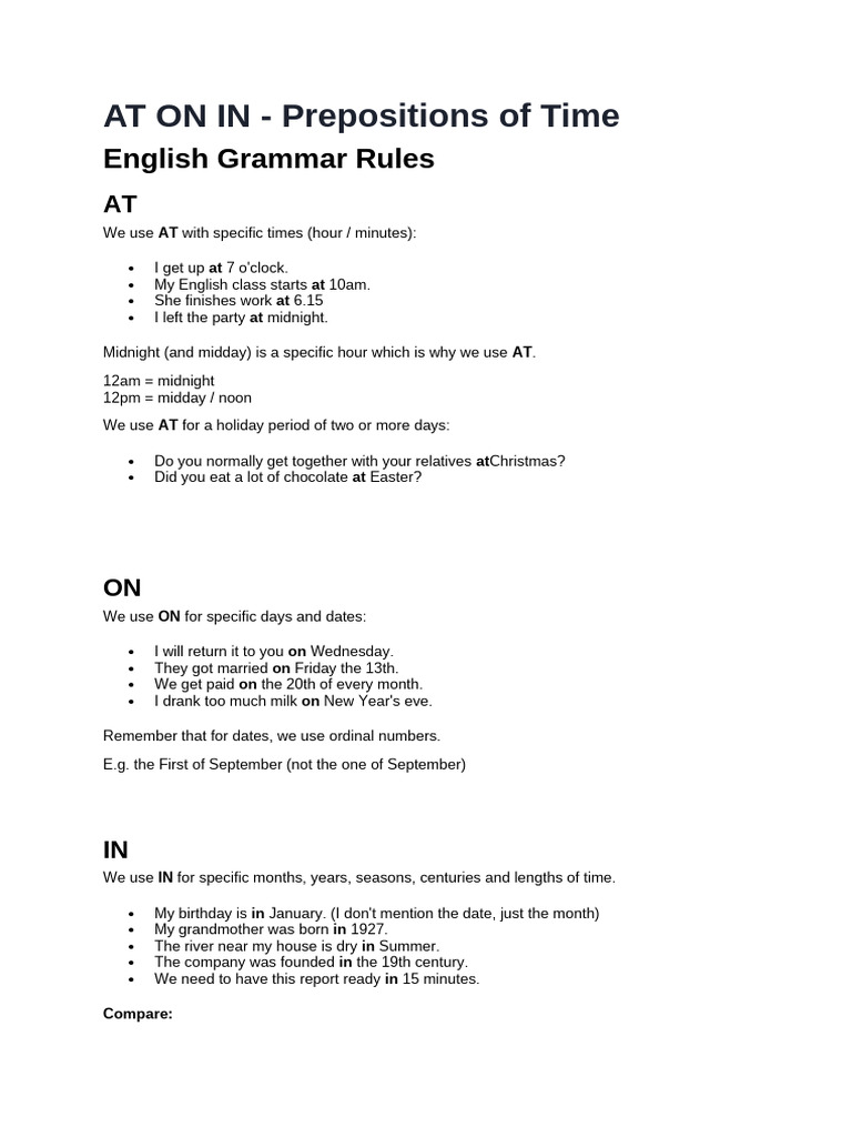 Prepositions of Time: AT, ON, IN Guide | PDF