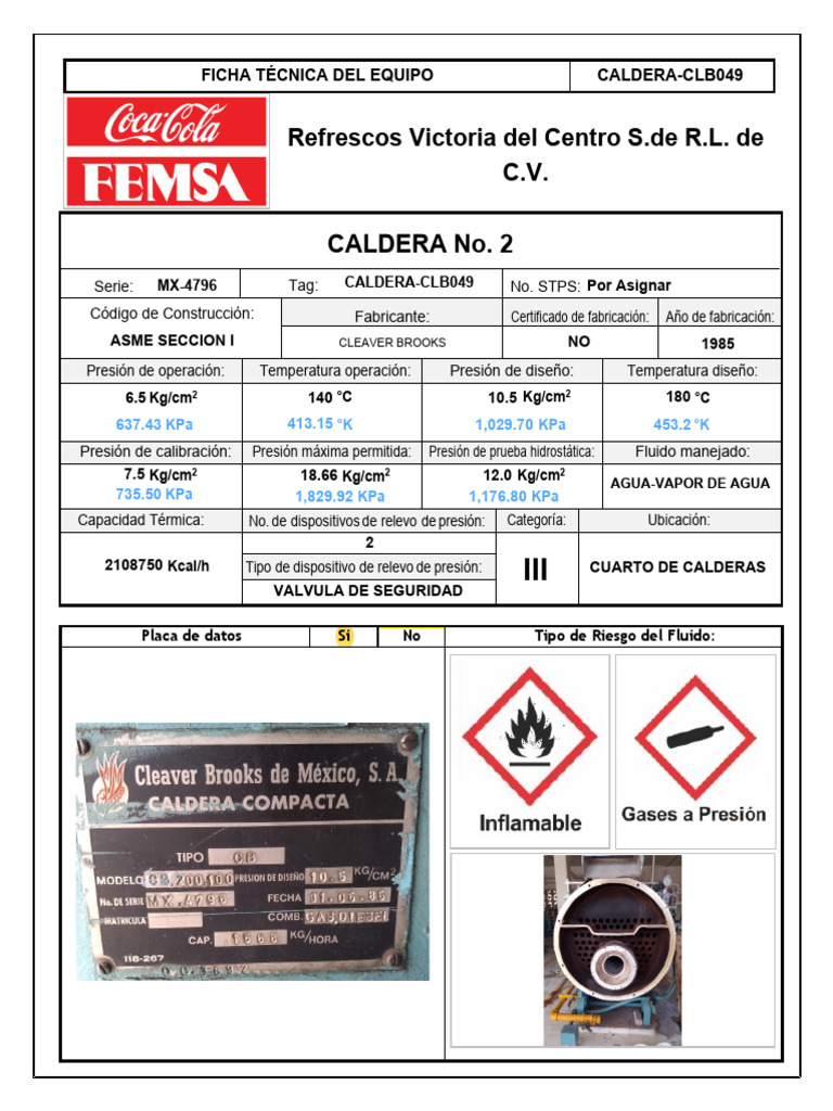 Ficha Tecnica Caldera 2 | PDF | Vapor | Presión