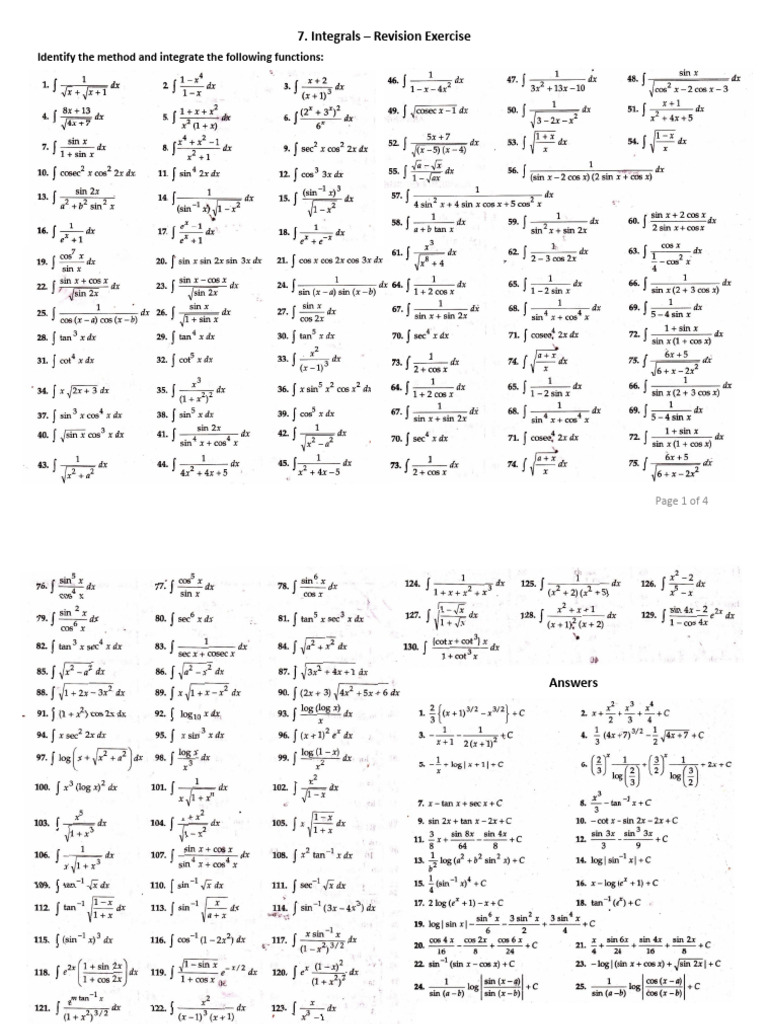 Integrals - Revision Exercise | PDF