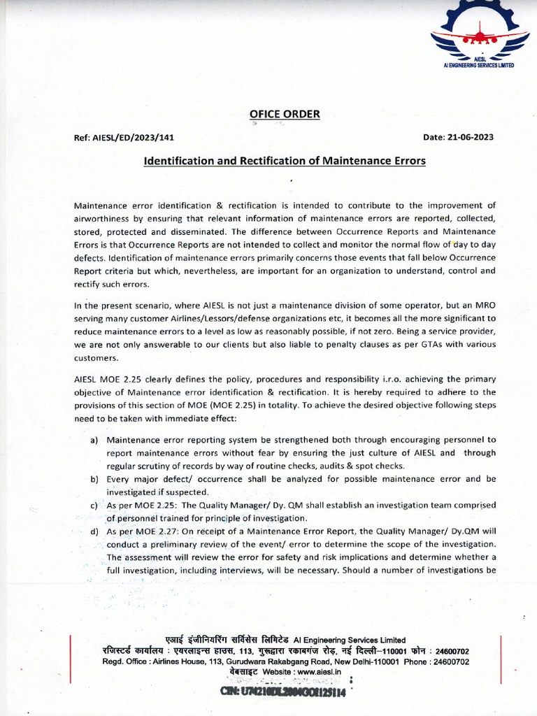 Office Order - Identification and Rectification of Maintenance Errors ...