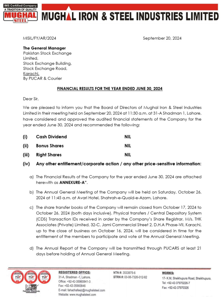 Mughal Iron & Steel FY2024 Financial Results | PDF | Taxes | Gross Income