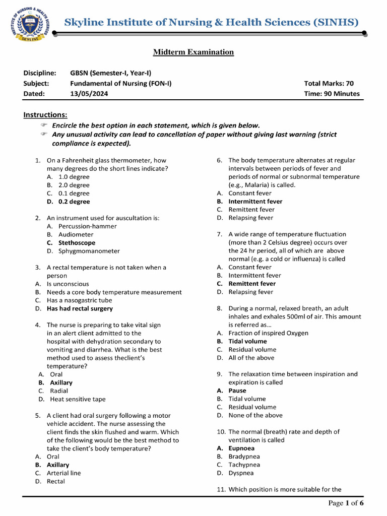 FON BSN I Midterm Paper Ans | PDF