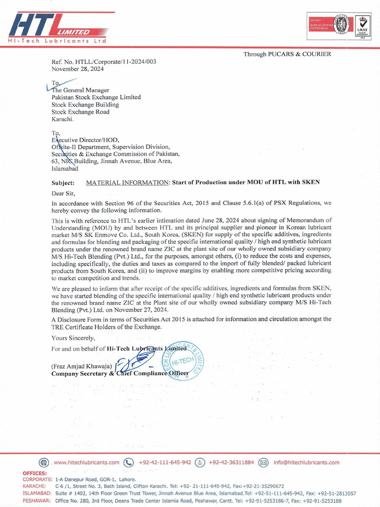 Hi-Tech Lubricants Limited Start of Production Under MOU of HTL With SKEN | PDF