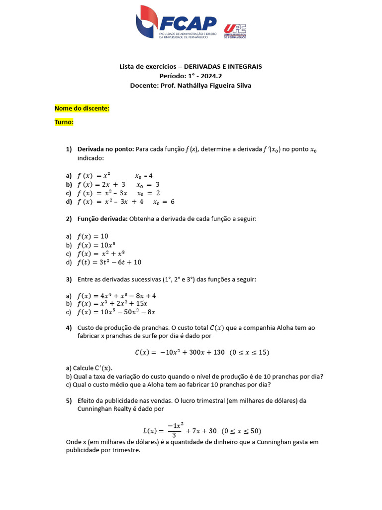 Lista de exerc-cios - Derivadas e integrais 2024 | PDF | Derivado | Analise matemática