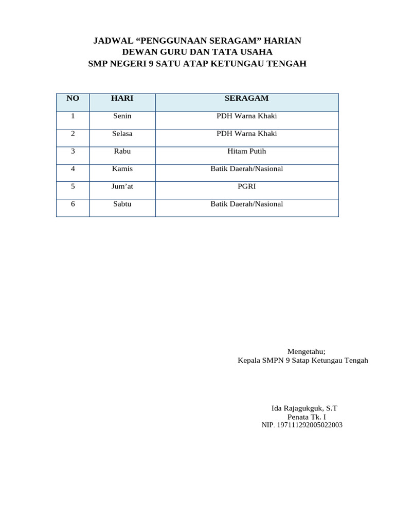 Jadwal Penggunaan Seragam | PDF