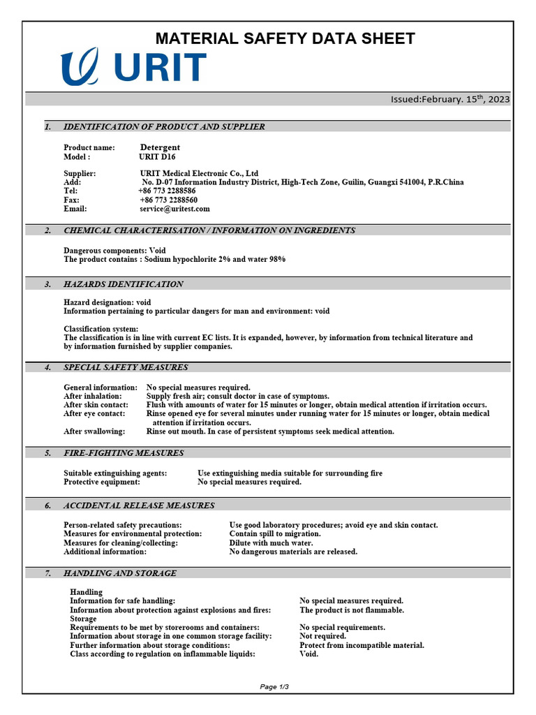 MSDS of Detergent URIT D16 | PDF | Water | Occupational Safety And Health