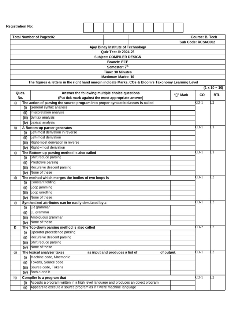 CD QUIZ TEST-II | PDF | Parsing | Computer Programming